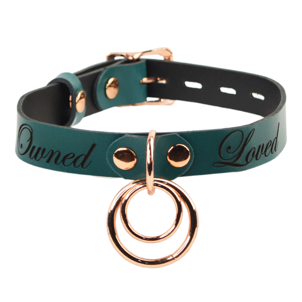 Custom Engraved Leather Dual Ring Collar Emerald Green with Gold Rose ...