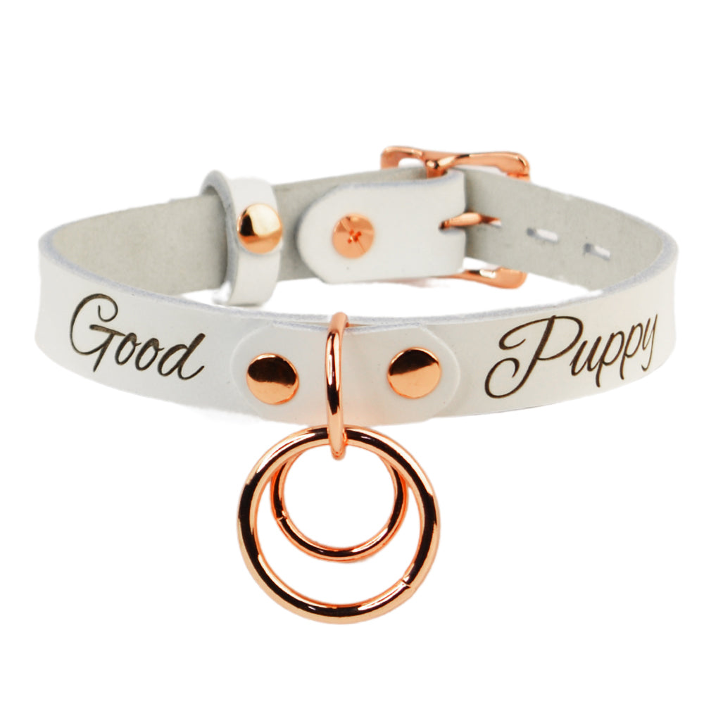 Custom Engraved Leather Dual Ring Collar White with Gold Rose Gold or ...